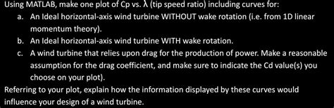 Solved Using MATLAB make one plot of Cp vs λ tip speed Chegg