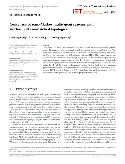 Pdf Consensus Of Semi‐markov Multi‐agent Systems With Stochastically Unmatched Topologies