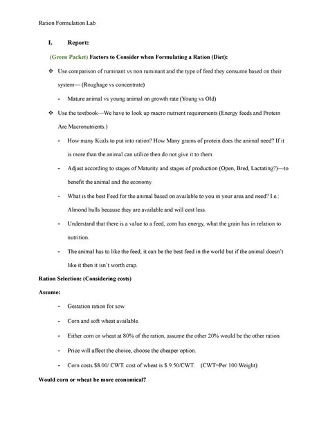 Online Ration Formulation Notes I Report Green Packet Factors To