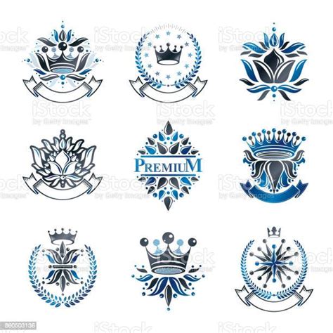 꽃 로얄 기호 꽃과 크라운 엠 블 럼 세트 팔의 문장 학 외 투 장식 아이콘 벡터 일러스트 컬렉션 고립 고풍스런에 대한 스톡 벡터 아트 및 기타 이미지 Istock