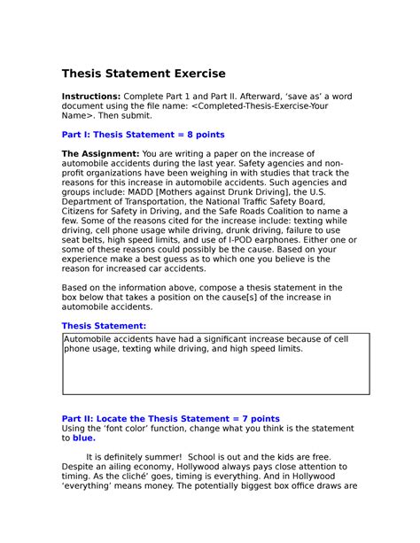Completed Thesis Exercise David Osagiede Thesis Statement Exercise Instructions Complete Part