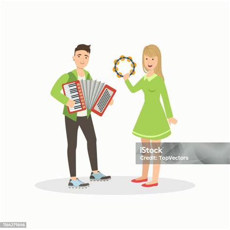 아코디언과 탬버린을 연주하는 남자와 여자 콘서트 또는 음악 축제 벡터 일러스트레이션에서 공연하는 사람들 공연자에 대한 스톡 벡터 아트 및 기타 이미지 Istock