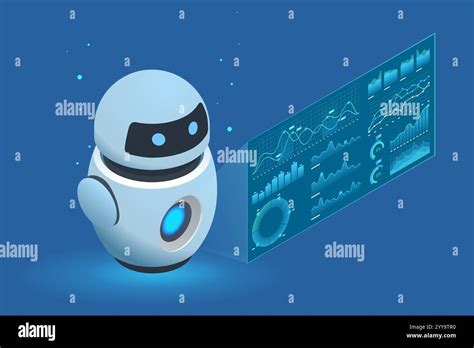 Isometric Ai Robot Interacting With Digital Analytics Interface