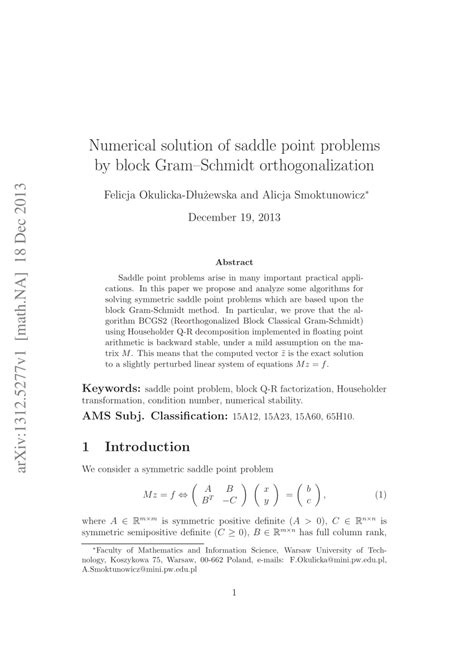Pdf Numerical Solution Of Saddle Point Problems By Block Gram Schmidt Orthogonalization