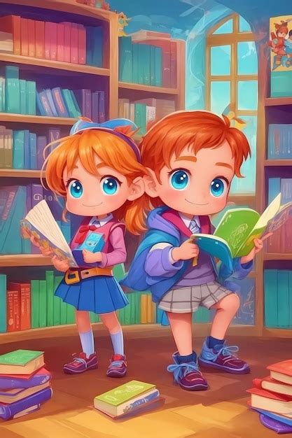 Una Ilustración De Dibujos Animados De Dos Niños Leyendo Libros En Una