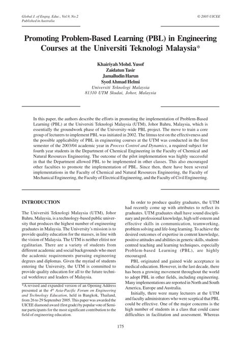 Pdf Promoting Problem Based Learning Pbl In Engineering Courses At