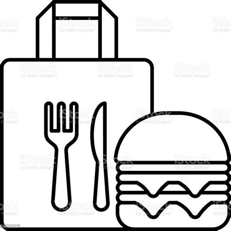 포크와 나이프 인쇄 종이 손을 가지고 가방 벡터 라인 아이콘 디자인 소매 음식 배달 서비스 기호 터치 적은 식사 택배 기호 식료품 픽업 재고 축제 프로모션 개념 고객에 대한