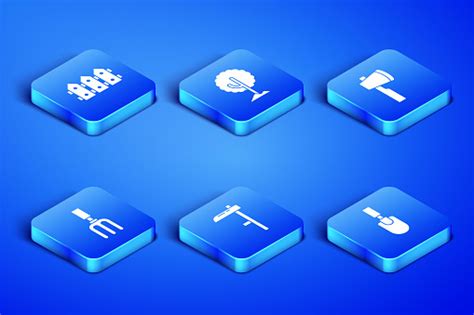 세트 가든 흙 스페이드 또는 삽 울타리 나무 낫 레이크 나무와 나무 도끼 아이콘 벡터 3차원 형태에 대한 스톡 벡터 아트 및 기타 이미지 Istock