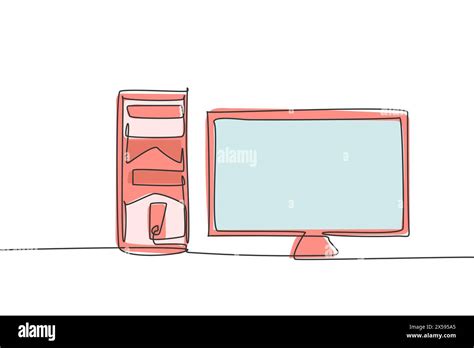 Single Continuous Line Drawing Of Cpu Computer And Screen Monitor Electronic Business Company