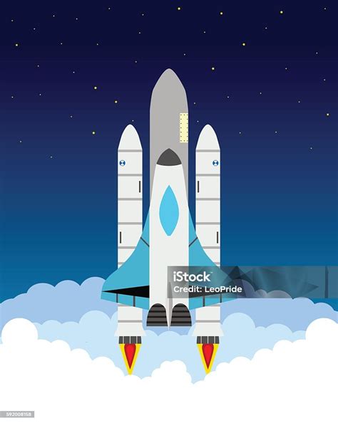 Illustration De La Navette De Démarrage Nuages Étoiles Navettes Et Moteursfusées Réglés Vecteurs