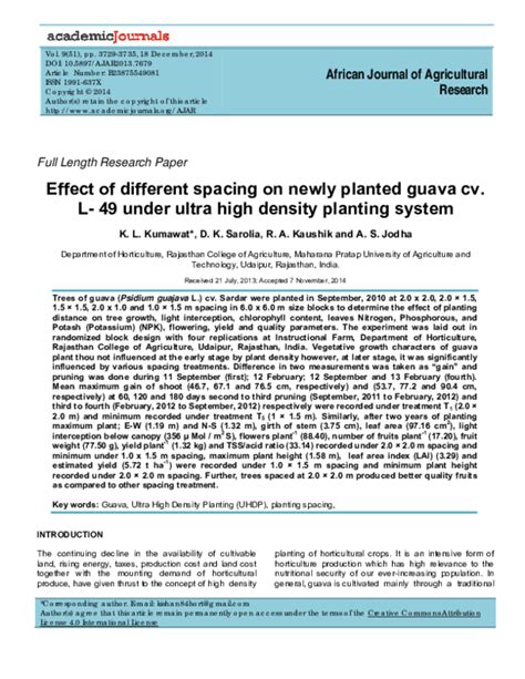 Pdf Effect Of Different Spacing On Newly Planted Guava Cv L 49 Under Ultra High Density