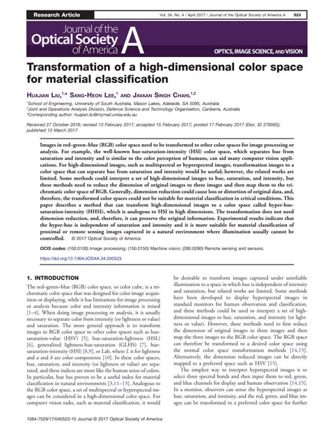 Pdf Transformation Of A High Dimensional Color Space For Material Classification
