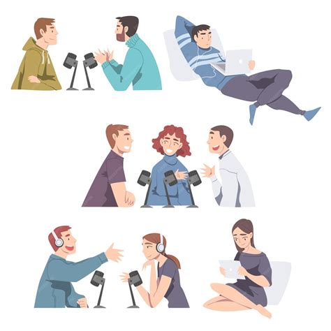 Premium Vector People Talking To Microphones Recording Podcast Set