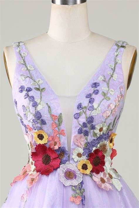 3d Floral V Neck Backless Homecoming Dress In Lavender Purple