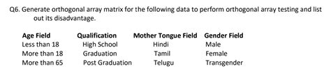 Solved Q Generate Orthogonal Array Matrix For The Chegg Com