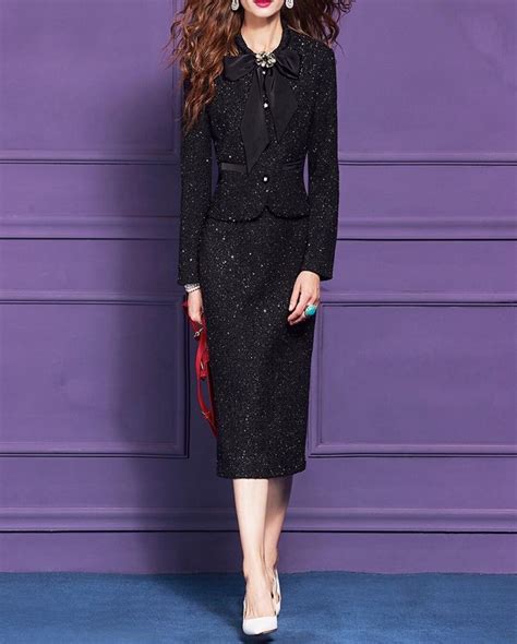 Black Shimmer Tweed Skirt And Suit Set Custom Made Classic Two Pieces