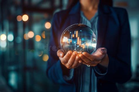Stock Market Prediction Financial Forecasting Woman Holding Crystal Globe With Candlestick
