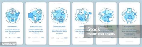 구매자 페르소나 블루 온보딩 모바일 앱 페이지 화면 벡터 템플릿입니다 선형 그림이 있는 인간 활동 연습 웹 사이트 단계입니다 Ux Ui Gui 스마트폰 인터페이스 컨셉
