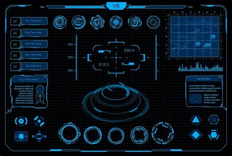 Hud 인터페이스 사이버펑크 가상 자동차 및 미래형 디지털 화면 요소가 있는 Vr 게임 인터페이스 추상 시각화 메뉴 탐색 패널