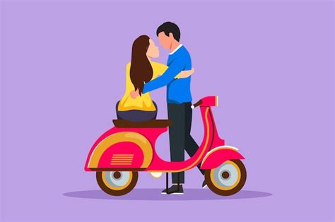 Premium Vector Cartoon Flat Style Drawing Happy Man And Woman Kissing Each Other On Motorcycle