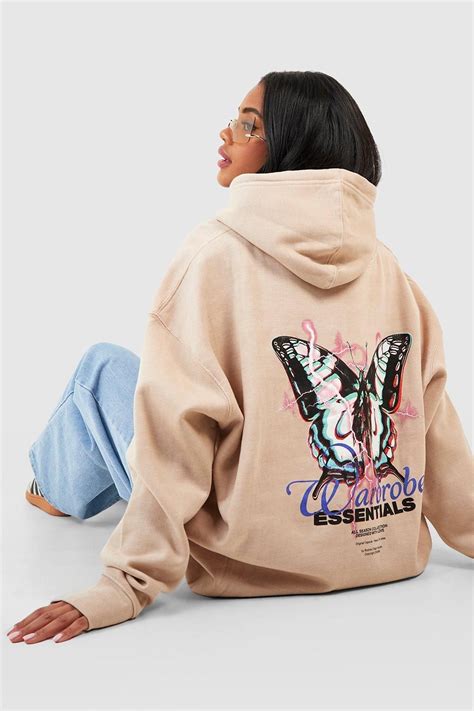 Womens Wardrobe Essentials Butterfly Printed Oversized Hoodie Beige