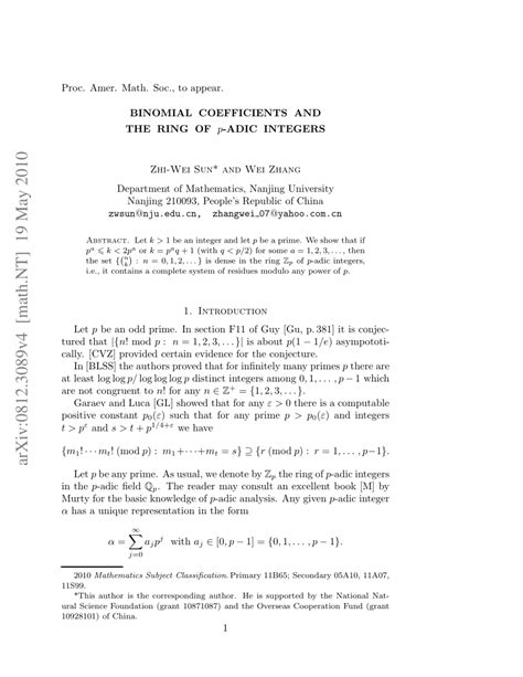 Pdf Binomial Coefficients And The Ring Of P Adic Integers