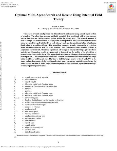 pdf optimal multi agent search and rescue using potential field theory