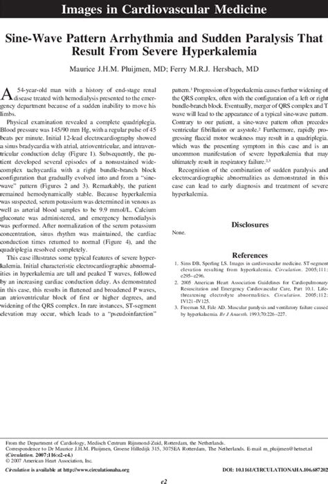 Sine Wave Pattern Arrhythmia And Sudden Paralysis That Result From Severe Hyperkalemia Circulation