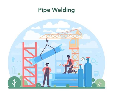 용접기 및 용접 서비스 개념 보호 마스크와 장갑을 낀 전문 용접공 균일한 용접 금속 파이프와 철강 산업 직업 벡터 일러스트 레이