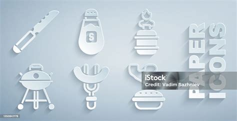 포크 캠핑 가스 스토브 바베큐 그릴 홈메이드 파이 소금과 빵 나이프 아이콘에 소시지를 설정합니다 벡터 3차원 형태에 대한 스톡 벡터 아트 및 기타 이미지 Istock