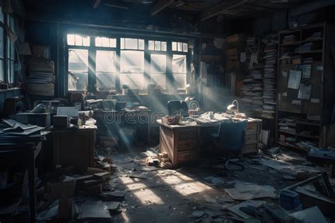 Messy Abandoned Office After Company Shut Down The Desk Is Cluttered