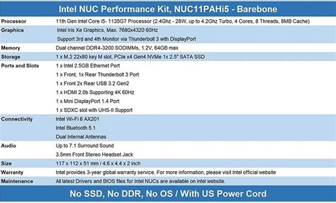 Intel Nuc 11 Performance Kit Mini Pc Four Core I5 1135g7 2 4 Ghz Processor 4 2 Ghz Turbo8mb