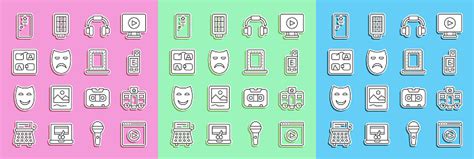 세트 라인 온라인 재생 비디오 배우 트레일러 빛 미터 헤드폰 드라마 연극 마스크 스토리 보드 백스테이지 및 조명 아이콘 메이크업 거울 벡터 Theatrical