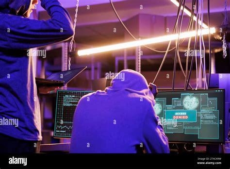 upset hackers getting access denied message while hacking network system unhappy criminals
