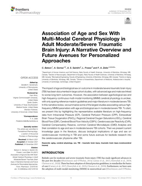 PDF Association Of Age And Sex With Multi Modal Cerebral Physiology In Adult Moderate Severe
