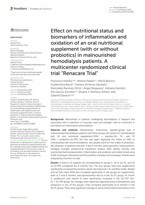 Pdf Effect On Nutritional Status And Biomarkers Of Inflammation And Oxidation Of An Oral