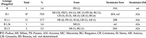 Pangolin Lineage Classification Of 62 Italian Strains Included In The