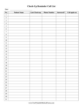 Printable Check Up Reminder Call List