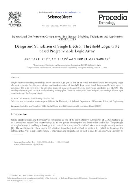 Pdf Design And Simulation Of Single Electron Threshold Logic Gate