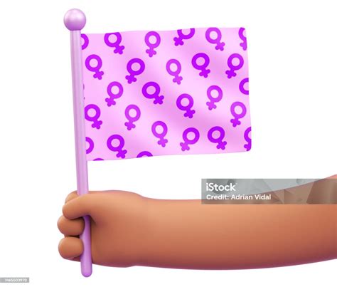3d 삽화에서 국제 여성의 날과 페미니스트 활동을 위한 페미니스트 깃발을 든 라틴 여성의 고립된 손 3월 8일 독립 권한 부여 및 여성 권리 활동을 위한 활동 3차원 형태에