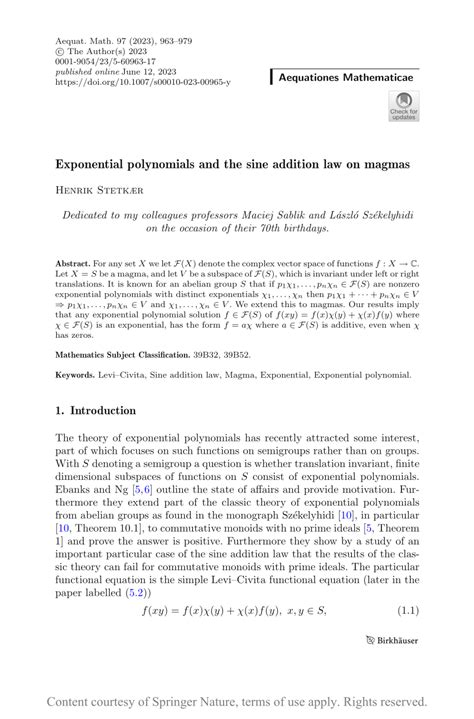 Pdf Exponential Polynomials And The Sine Addition Law On Magmas