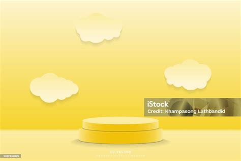 사실적인 3d 실린더 연단 받침대 무대 또는 제품 진열대가 벽에 잘린 구름 종이로 렌더링된 추상적인 노란색 3d 스튜디오 룸 3d 벡터 렌더링 모형 템플릿을 위한 구름 장면