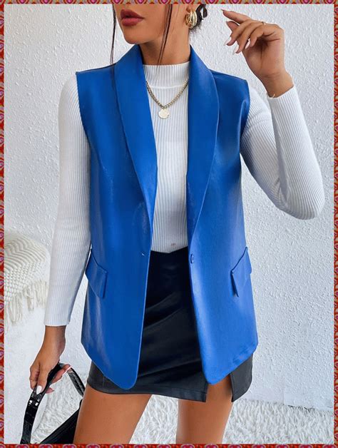 Shawl Collar Single Button Vest Blazer Blue Women Suit Outfit