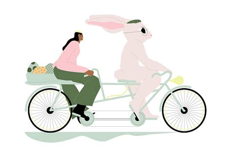 탠덤 자전거 달걀이 담긴 바구니 귀여운 토끼와 동화 같은 놀이기구에 여자 재밌는 토끼 소녀 캐릭터 2인승 자전거에 대한 스톡 벡터 아트 및 기타 이미지 Istock