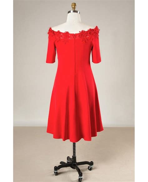 Lace Off Shoulder Red Knee Length Formal Dress For Plus Size Women Mn019