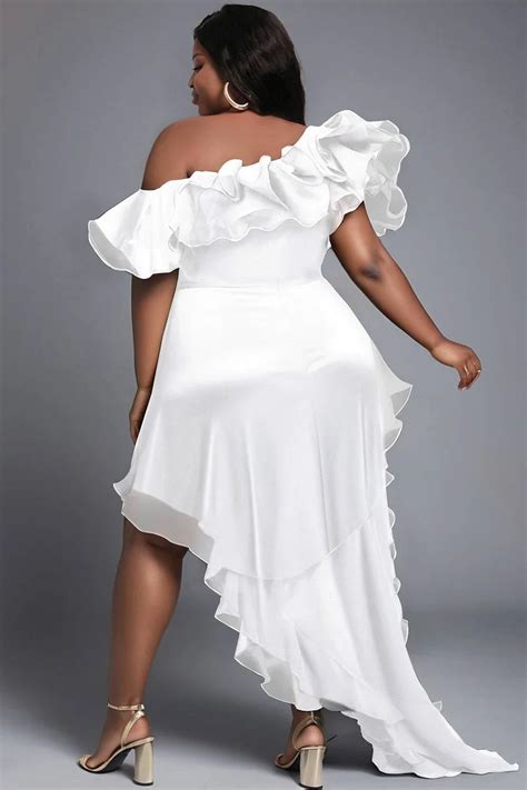 Xpluswear Design Plus Size Cocktail Party Black Oblique Collar Ruffle