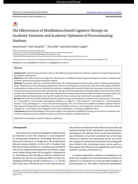 Pdf The Effectiveness Of Mindfulness Based Cognitive Therapy On Academic Emotions And Academic