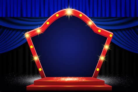 파란색 커튼 연단 및 복고풍 아치 배너 배경 프리젠 테이션 콘서트 쇼를위한 디자인 Fashion Show에 대한 스톡 벡터 아트