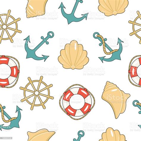해양 테마의 원활한 패턴 앵커 구명 부표 조개 바퀴 섬유 벽지 인터넷에 인쇄하기위한 벡터 일러스트 레이 션 구명 기구에 대한 스톡 벡터 아트 및 기타 이미지 Istock