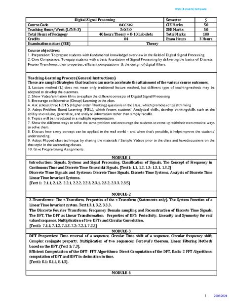 Digital Signal Processing Syllabus Bec502 Course Overview And